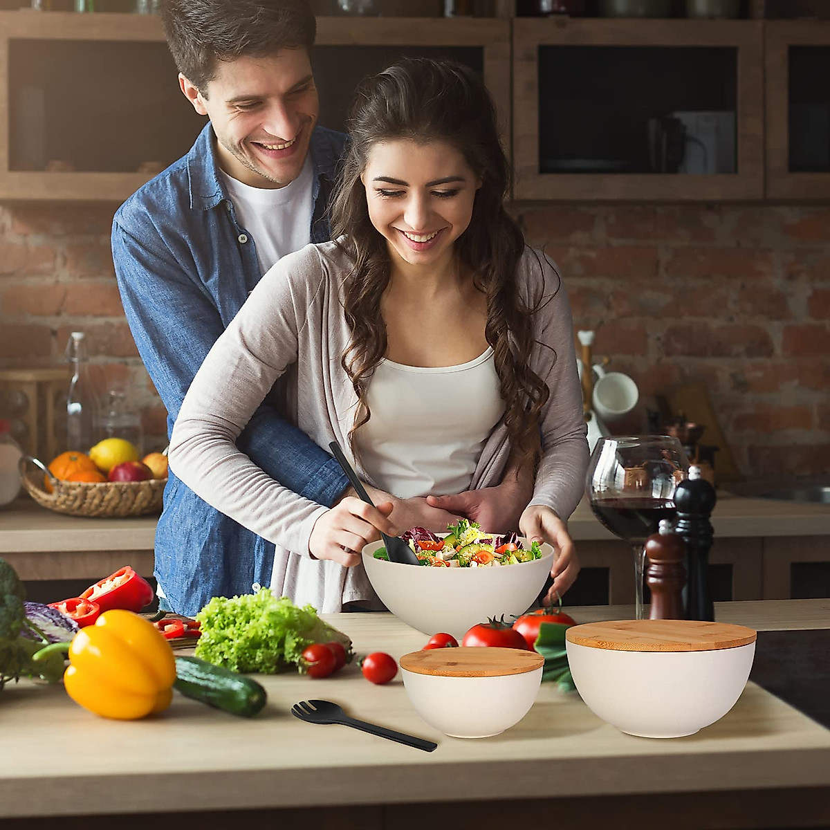 ShineMe Salad Bowl with Lid, Natural Bamboo Fiber Serving Bowls Set of 3 with Utensils & Lids, Mixing Bowls for Preparing, Storing and Serving for Cereal, Fruit,Chips, Bread(10",8",6")