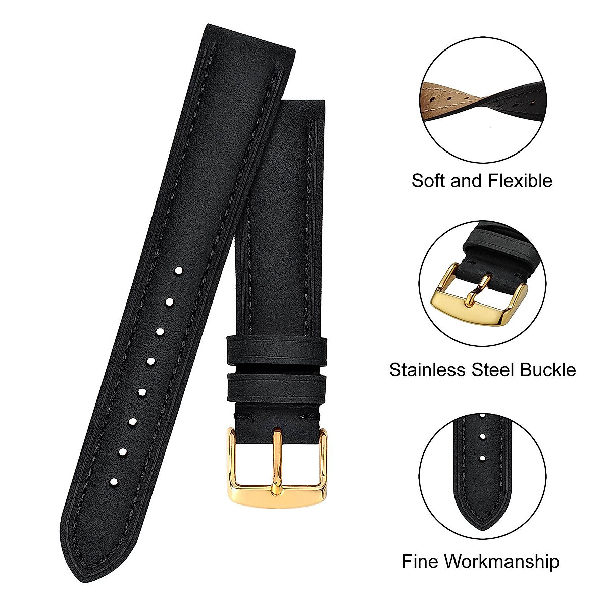 BISONSTRAP Vintage Watch Straps with Gold Buckle, Leather Replacement Band 18mm (Black)