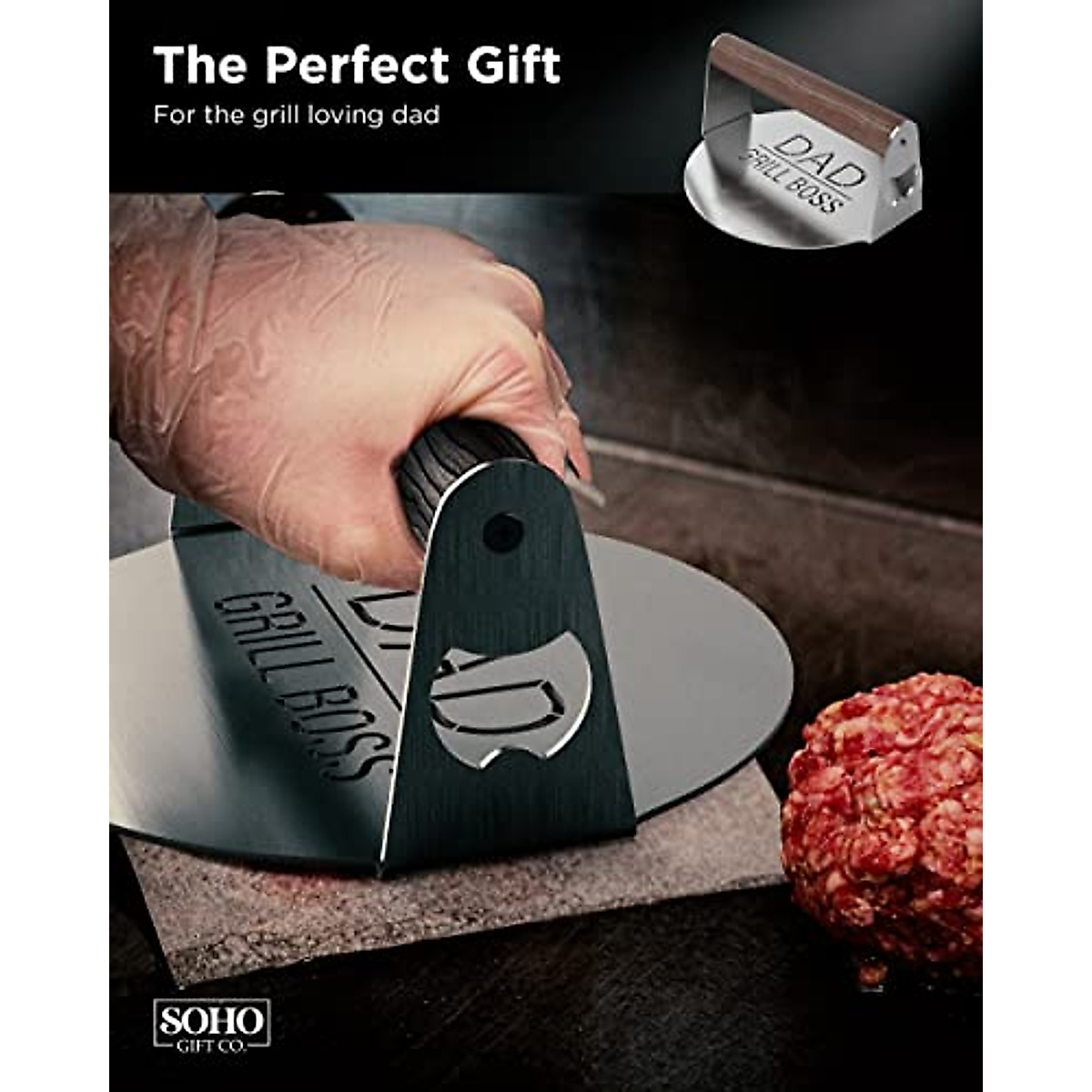 GALVANOX BBQ Press Grilling Gift for DAD The Grill Boss - Stainless Steel Smash Burger Press for Hamburger/Bacon with Wood Handle & Beer Opener (for Christmas, Birthday, Fathers Day)