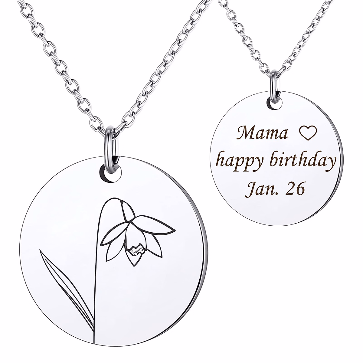 Anavia Birth Month Flower Necklace Birthday Gifts, Personalized Engraved Floral Coin Necklace, Customized Love Jewelry Necklace for Her Mom Sister Girlfriend Lily Poppy Sunflower (Silver)