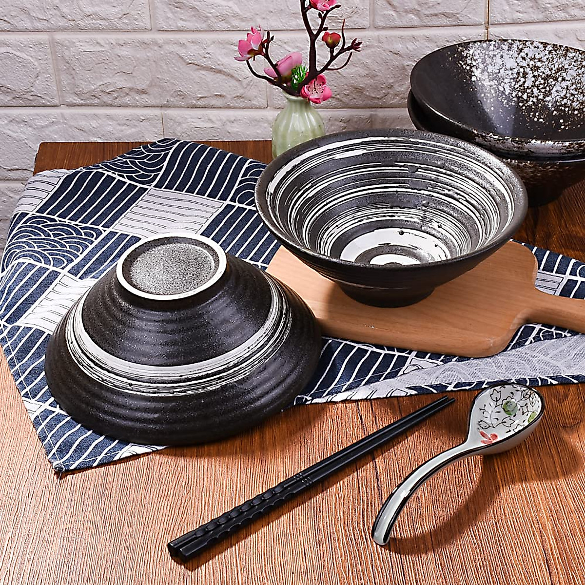 Japanese Ramen Bowls Set, 32 OZ Ceramic Noodle Soup Cereal Bowls (BSB)