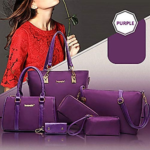 AlwaySky Nylon Women's Shoulder Bag 6 PCS Top-Handle Handbag Tote Purse Wallet Key Case Set (Purple)