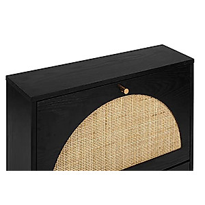 Pvillez Black Rattan Shoe Cabine, Shoe Cabinet with 2 Flip Drawers for Entryway, Modern Freestanding 2-Tier Shoe Rack Storage Cabinet for Entryway, Hallway, Bedroom