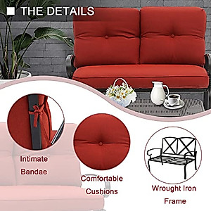 Incbruce Patio Loveseat with Coffee Table - Outdoor Bench with Cushion,2 Piece Wrought Iron Outdoor Loveseat Metal Frame Porch Furniture Set Bench for Patio, Poolside, Garden (Red)