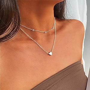 Aluinn Love Heart Layered Choker Necklace Silver Simple Beads Pendant Necklace Simple Chain jewelry for Women