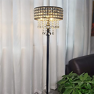 beaysyty Modern K9 Clear Glass Crystals Floor Lamp with 3 LED Bulbs, Crystal & Glass 3-Lights Black Standing Light, Reading Corner Lamp for Living Room Bedroom