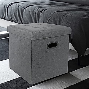 Babion 15 Inches Storage Ottoman Cube, Footrest Stool with Metal Hole Handles& Lid, Folding Storage Ottoman, Box Chest with Foam Padded Seat, Cube Ottoman with Storage, Linen Square(Dark Grey,2pcs)