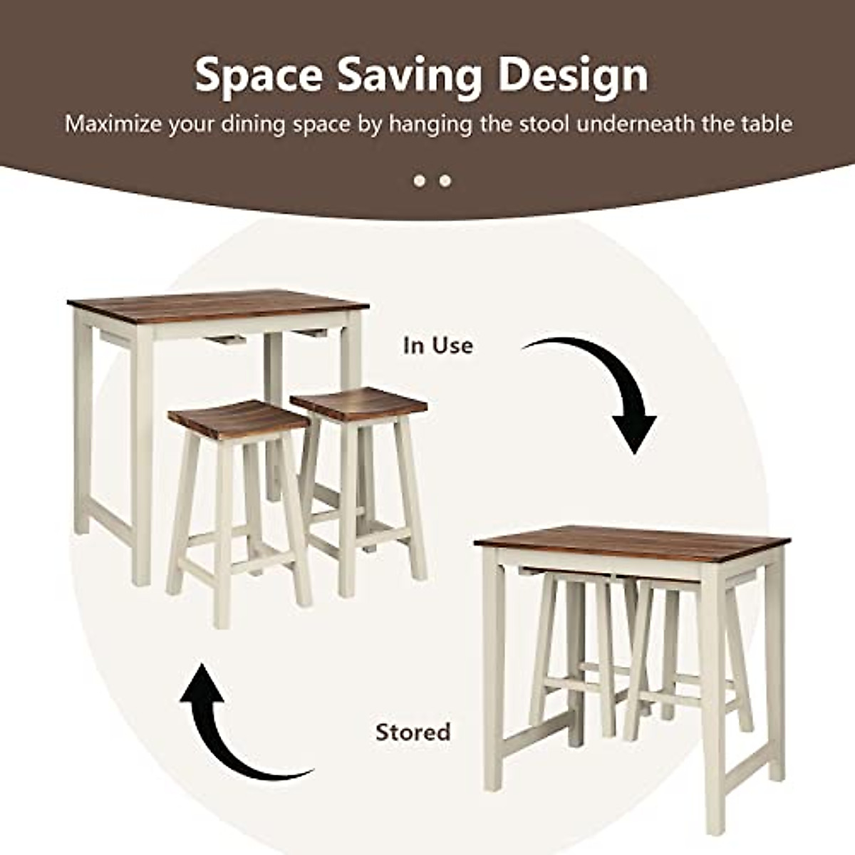 COSTWAY 3 Pieces Dining Set, Counter Height Pub Table Set with 2 Saddle Stools, Industrial Wood Breakfast Table Set for Bar, Kitchen, Living Room, Restaurant