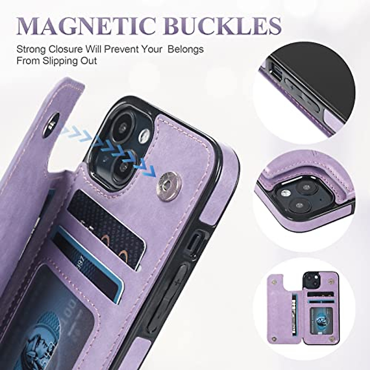 JAROIE Wallet Case for iPhone 13 with 3 Card Slots Embossed Mandala Pattern Flowers Magnetic Buttons Flip Faux Leather Cover Shockproof 2021 6.1 Inch (Purple)