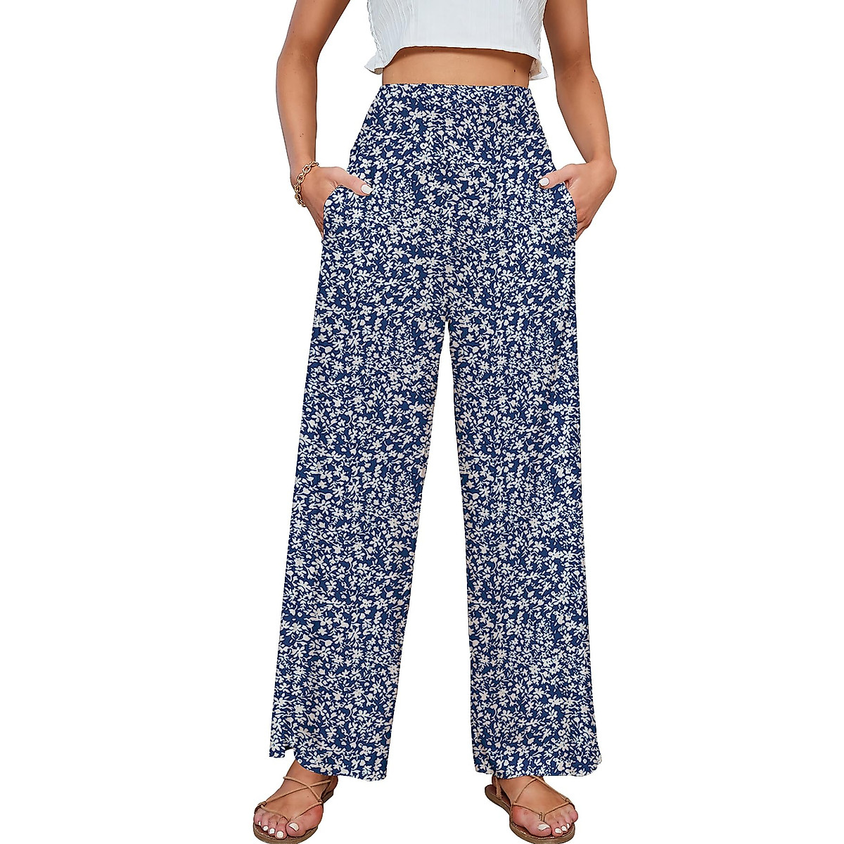 JASPAL Women Casual High Waisted Palazzo Pants Wide Leg Long Lounge Trendy Trousers with Pocket-XL-Blue White Flower