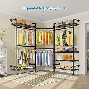 Timate F3 Garment Rack Heavy Duty Clothes Rack for Hanging Clothes, Expandable Industrial Pipe Wall Mounted Clothing Rack, Adjustable Storage Closet Wardrobe Closet Kit Walk in Closet Systems, Black