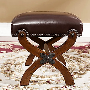 CYYTLFSD Leather Footrest Wood Ottoman,Rustic Foot Stools Ottoman Seat, Wood Footstool,Rectangle Footrest Small Ottoman for Living Room Bedroom (Black)