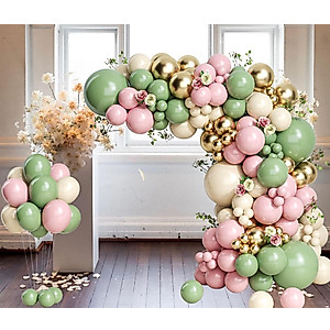 Pink and Green Balloons Garland Arch Kit-139pcs Sage Green Pink White Sand Chrome Gold Balloons for Girls Birthday Jungle Safari Baby Shower Bridal Shower Woodland Party Decorations