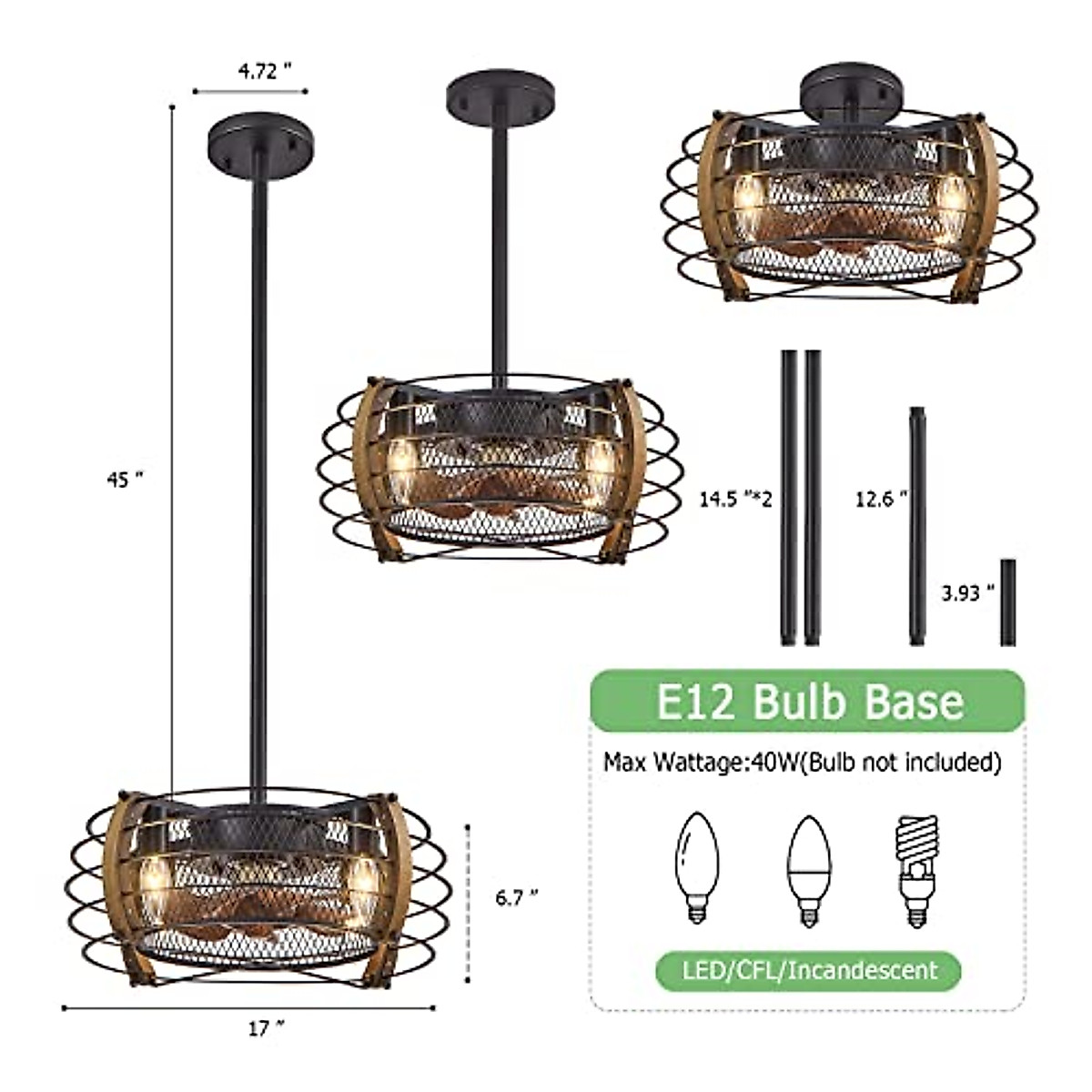 SADENICEL Farmhouse Caged Fan with Lights Remote Control, 17 Inch Low Profile Bedroom Fans, Rustic Ceiling Fans for Kitchen, Dining Room (Antique Wood-E)