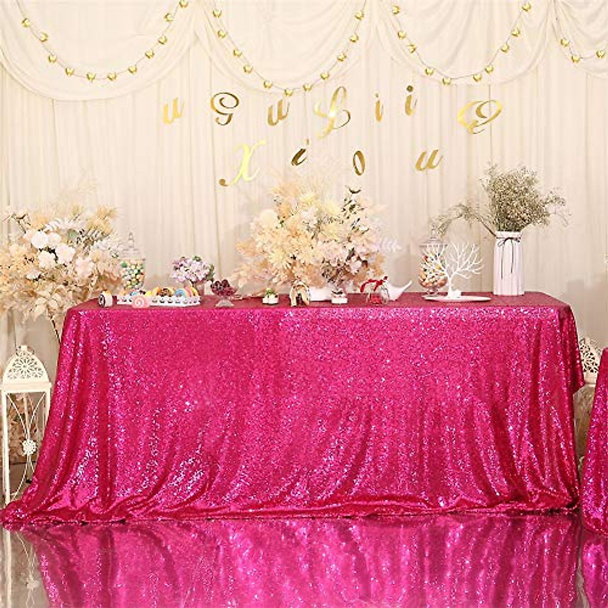 Eternal Beauty Sequin Tablecloth, 60x102 Rectangle Sequin Tablecloth for Party Cake Dessert Table Exhibition Events,Hot Pink