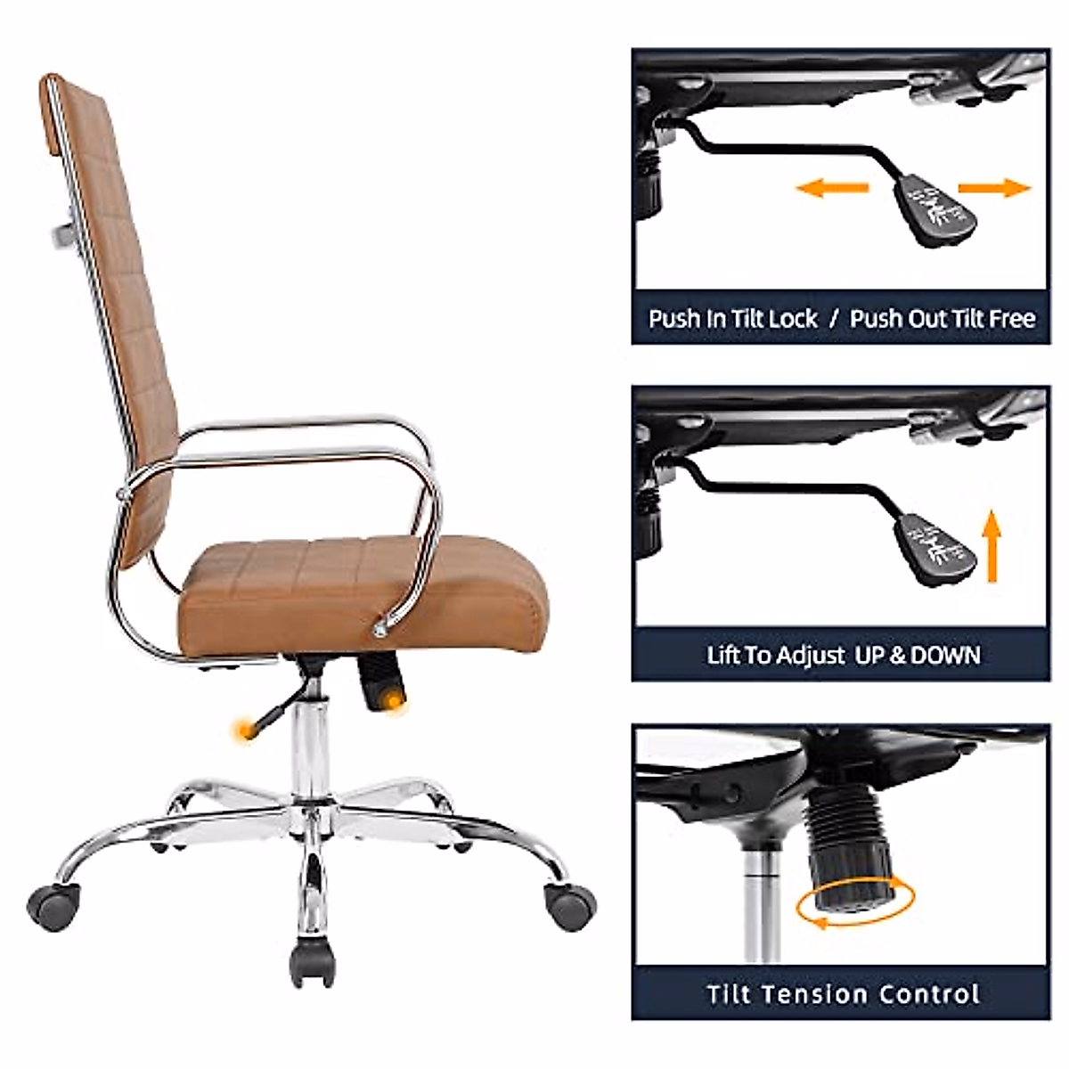 LANDSUN Home Office Chair High Back Executive Chair Ribbed Leather Computer Desk Chair with Armrests Soft Padded Adjustable Height Swivel Modern Conference Chrome Brown