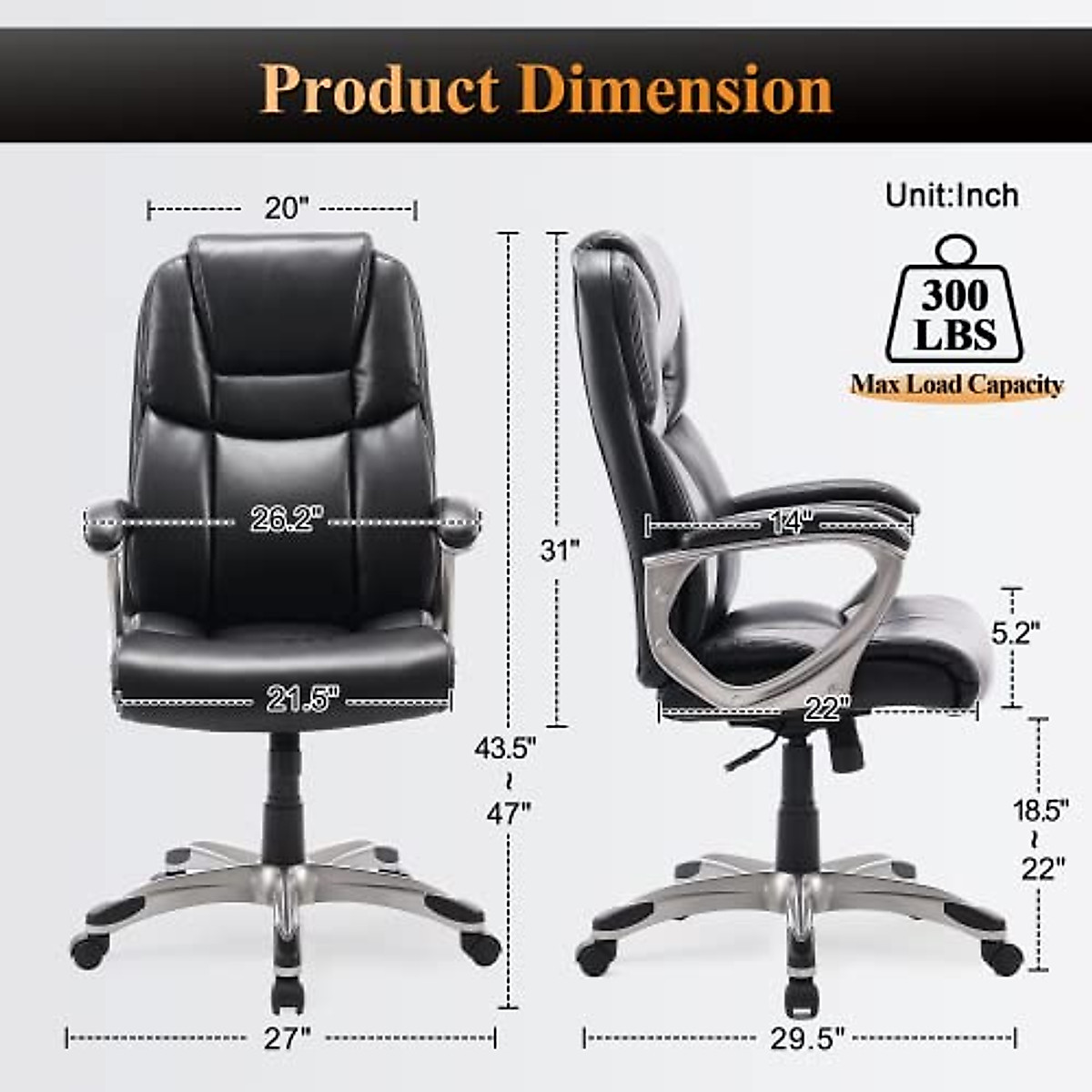 NeuType Executive Office Chair High Back Home Office Desk Chairs with Wheels PU Leather Ergonomic Computer Chair with Lumbar Support Adjustable Height & Swivel Big and Tall Office Chair - Black