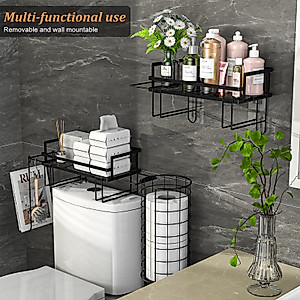 Multifunctional Over The Toilet Storage Shelf with Paper Holder, Bathroom Organizer Shelf Above Toilet Storage with Storage Rack, Adjustable Toilet Storage Rack, No Drilling Space Saver, Metal Black