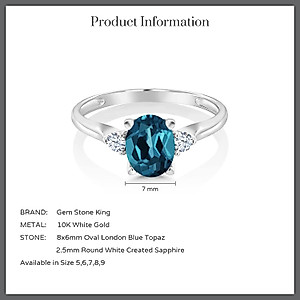 Gem Stone King 10K White Gold London Blue Topaz and White Created Sapphire 3-Stone Women's Ring (1.40 Cttw, Gemstone Birthstone, Available In Size 5, 6, 7, 8, 9)