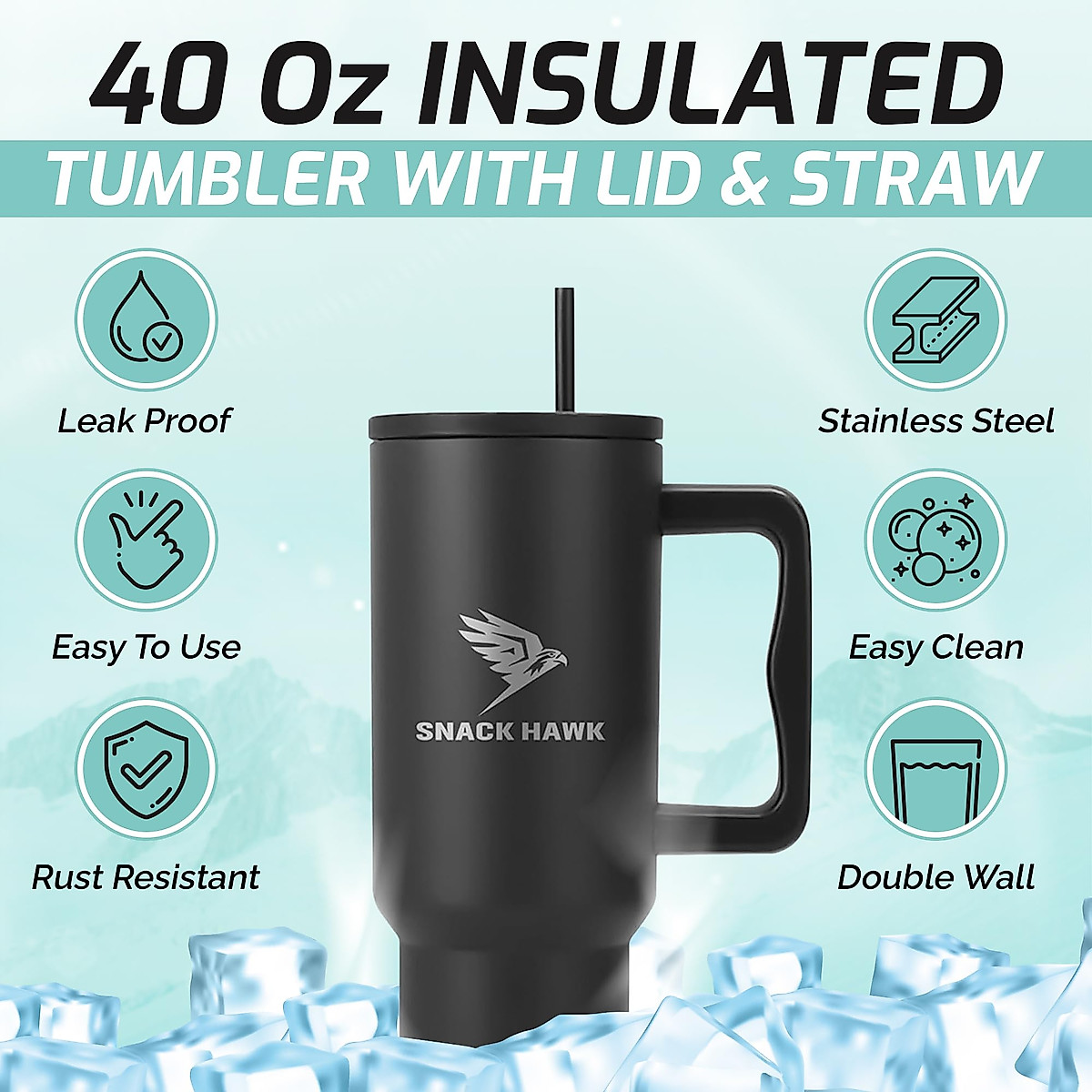 Snack hawk 40oz Insulated Stainless Steel Travel Coffee Tumbler with Handle and Straw | 100% Leak-Proof Mug | Car Cupholder Friendly | Perfect Water Cup Gift for Everyone