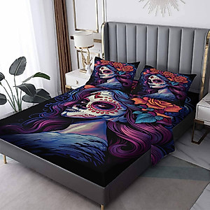 Day of The Dead Sheets Full Size, Skeleton Bed Sheets, Patterned Bedding Sheets & Pillowcases 4 Piece Set - Soft Microfiber Deep Pocket Fitted Sheet & Flat Sheet & 2 Pillow Cases Z2-&-220