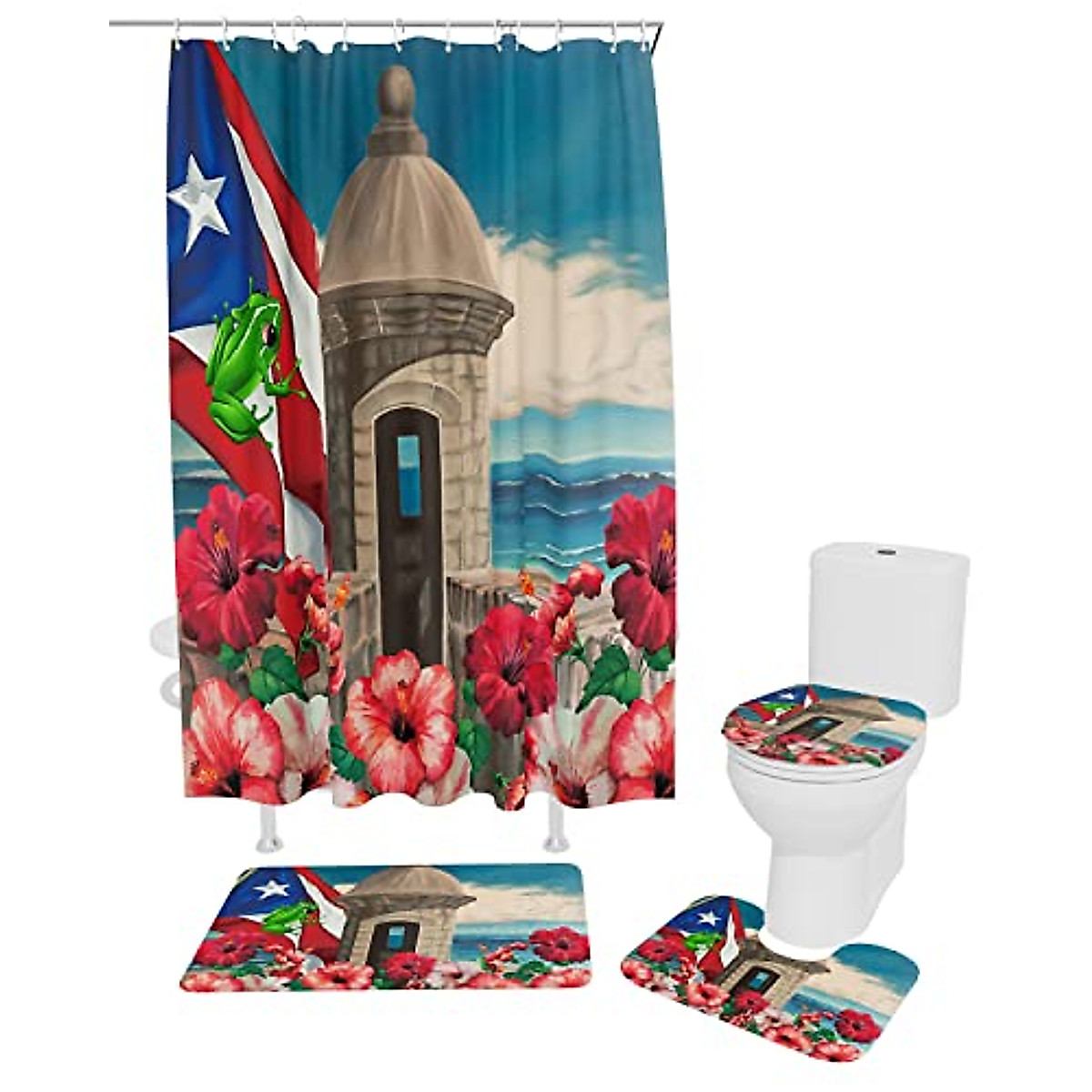 4 Piece Shower Curtain Sets Puerto Rico Flag Frog with Awesome Hibiscus Ocean Coastal Architecture Include Non-Slip Rug,Toilet Lid Cover,Bath Mat& Shower Curtain Waterproof with 12 Hooks for Bathroom