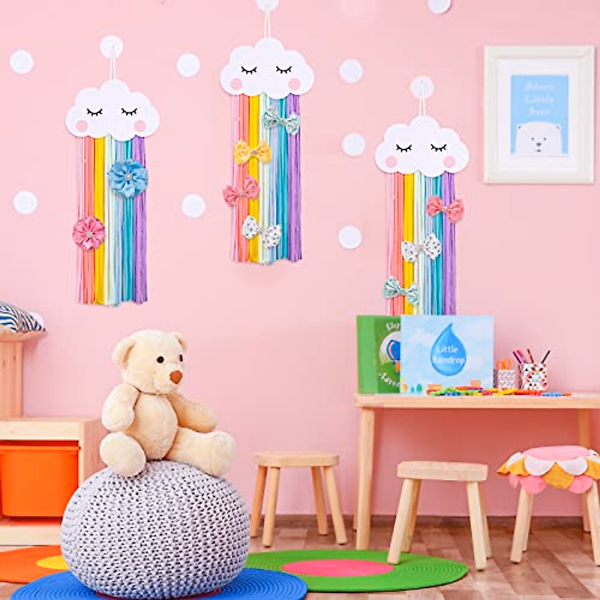 Whaline Rainbow Hair Bow Holder Hanging Hair Clip Organizer Hairpins Hanger Wood Cloud Rainbow Tassel Hair Accessories Storage Wall Hanger for Girl Women Room Decoration