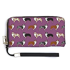 Australian Shepherd Dogs PU Leather Clutch Wallets Long Zip Purse Tote Handbag With Removable Wristlet For Women Girl's