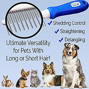 Horicon Pet Detangling Grooming Comb with Long & Short Stainless Steel Metal Teeth - Dogs, Cats & Small Animals for Removing Matted Fur, Knots & Tangles