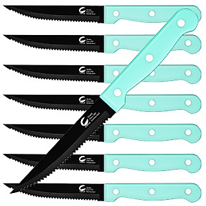 CuCut Steak Knife Set of 8, Triple Rivet Stainless Steel Serrated Dinning Knives, 4.5 Inch Sharp Black Coated Blade, Dishwasher Safe, Meat Knife for Dining Camping BBQ