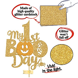 My 1st Boo Day Cake Topper - Halloween Happy Birthday Cake Decor for Baby's First Birthday - Fall Theme Happy 1st Birthday/Baby Shower Party Decorations Supplies for Kids, Gold Glitter