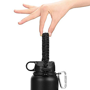Water Bottle Handle for Hydro Flask and Other Wide Mouth Bottles, Paracord Strap Carrier for 12oz to 64oz Bottle, Bottle Accessories for Hiking - Assembled with Safety Ring and Carabiner (Black)