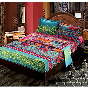 HNNSI 4 Pieces Bohemia Ethnic Bedding Sets Queen Size, Brushed Cotton Boho Duvet Cover Set with Fitted Sheet, Super Comfy Comforter Cover Sets,No Comforter(Fitted Sheet Set, Queen)