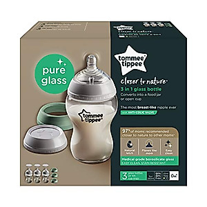 Tommee Tippee Closer to Nature 3 in 1 Convertible Glass Baby Bottles, Anti-Colic Valve – 9-Ounce, 3 Count