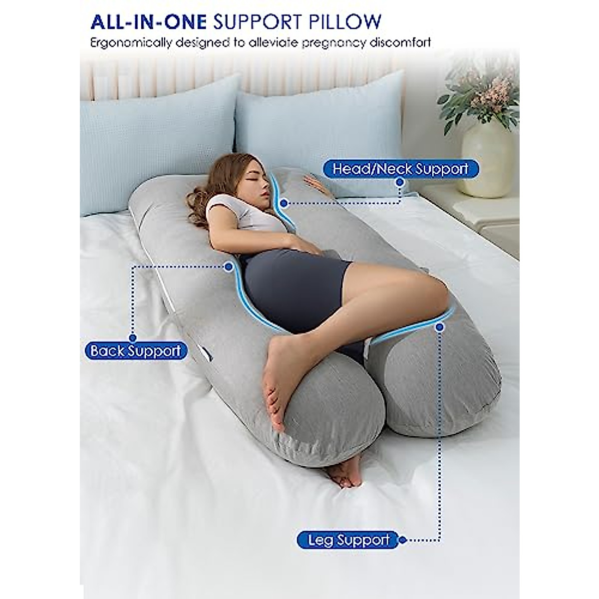 QUEEN ROSE Pregnancy Pillows, Cooling Maternity Pillow for Sleeping, 55in U Shaped Body Pillow for Pregnant Support, with Removable Silky Cover, Gray