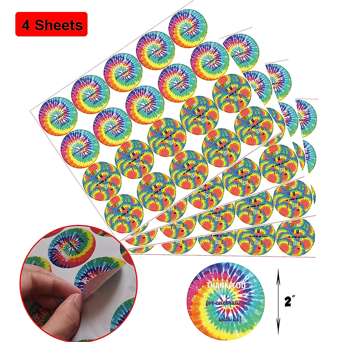 Hilgue, 80 Pcs Tie Dye Thank You Stickers, Tie Dye Thank You Stickers, 60's Groovy Party Favors Labels Birthday Baby Shower Decorations (2 Inches), 2 Inch (Pack of 80)