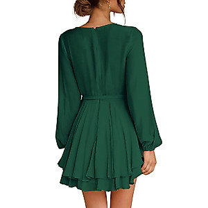 Cosonsen Womens Swing Dress Deep V-Neck Bishop Sleeve Tie Waist Ruffle Dresses Green M