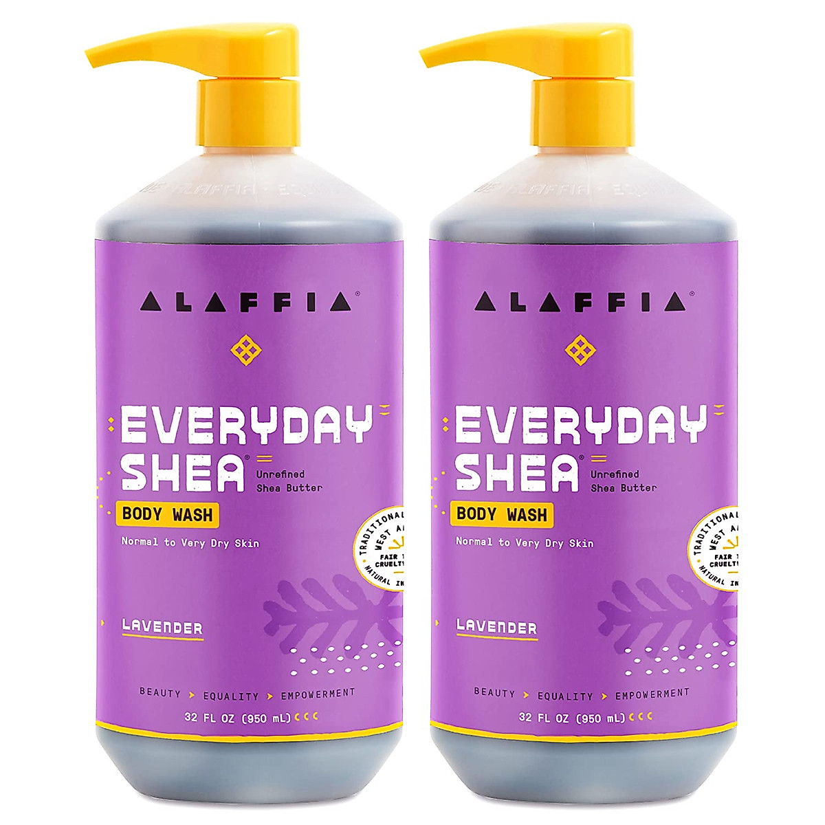 Alaffia Everyday Shea Body Wash, Naturally Helps Moisturize and Cleanse Without Stripping Natural Oils with Fair Trade Shea Butter, Neem, and Coconut Oil, Lavender, 2 Pack - 32 Fl Oz Ea