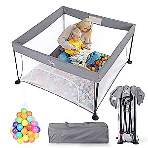 MEM Baby Playpen, Foldable Playpen for Babies and Toddlers, Indoor Outdoor Playpen Baby Activity Center with Zipper Gate, Pop Up Portable Playpen Play Yard for Baby, 49"x49", Grey