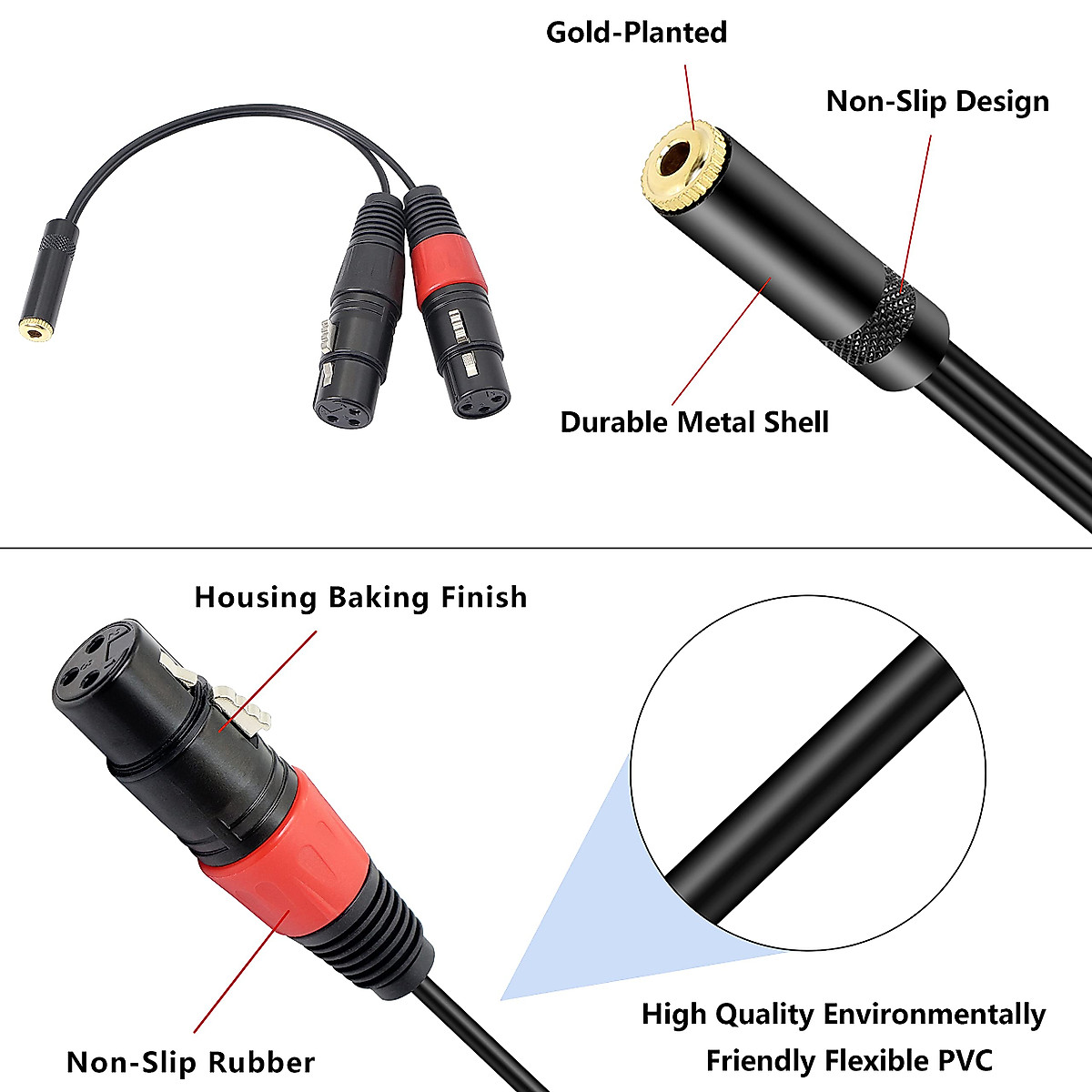 MEIRIYFA Dual XLR to 1/8 Female Adapter,Balanced Mini-Jack(3.5mm) Female to Microphone Cable, 3.5mm Stereo TRS to Dual XLR Female Transforming Cord Converter(1 feet /30cm) (Dual XLR Female)