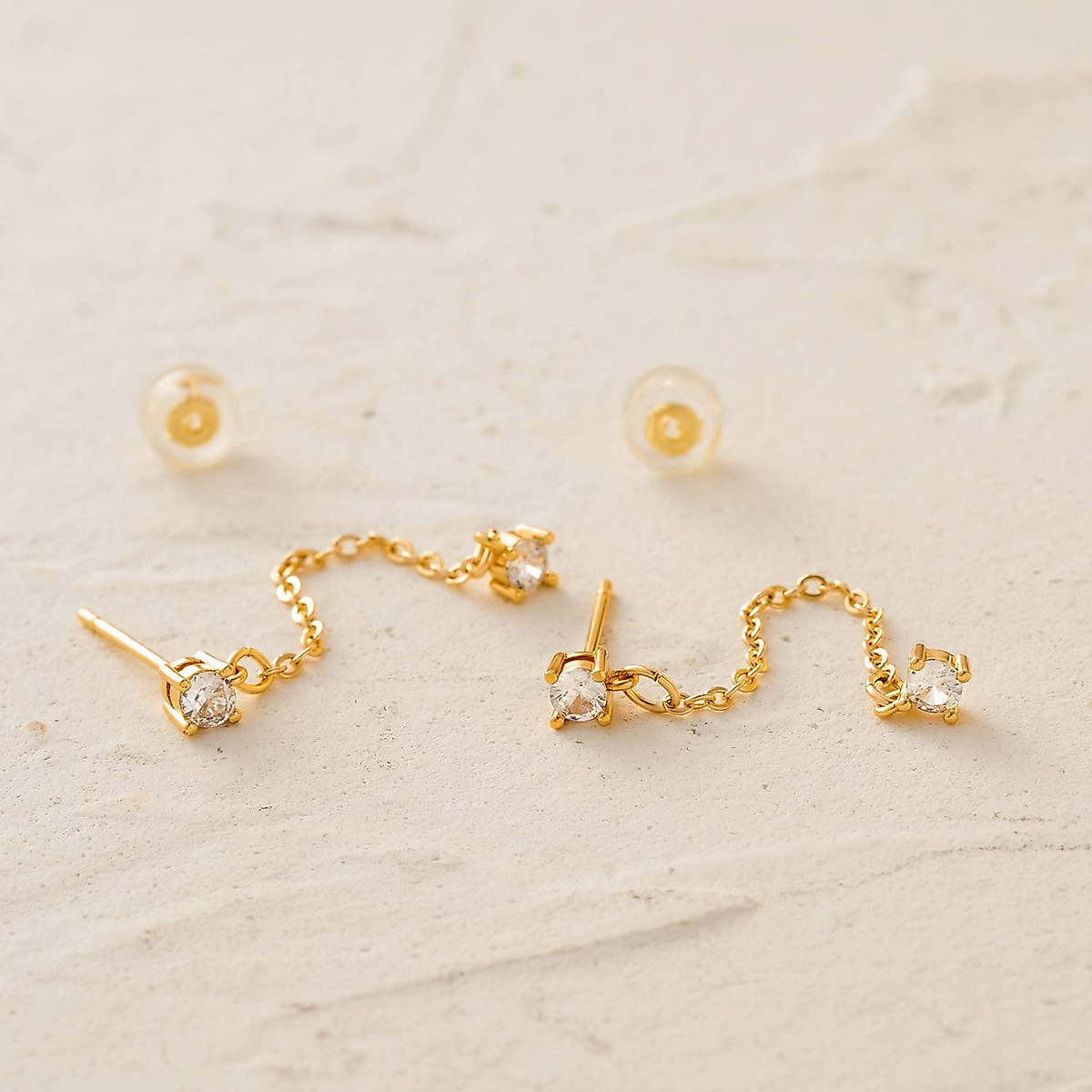 MYEARS Women Diamond Earrings Gold Stud Chain Cubic Zirconia Dangle Drop 14K Gold Filled Small Simple Handmade Hypoallergenic Everyday Jewelry