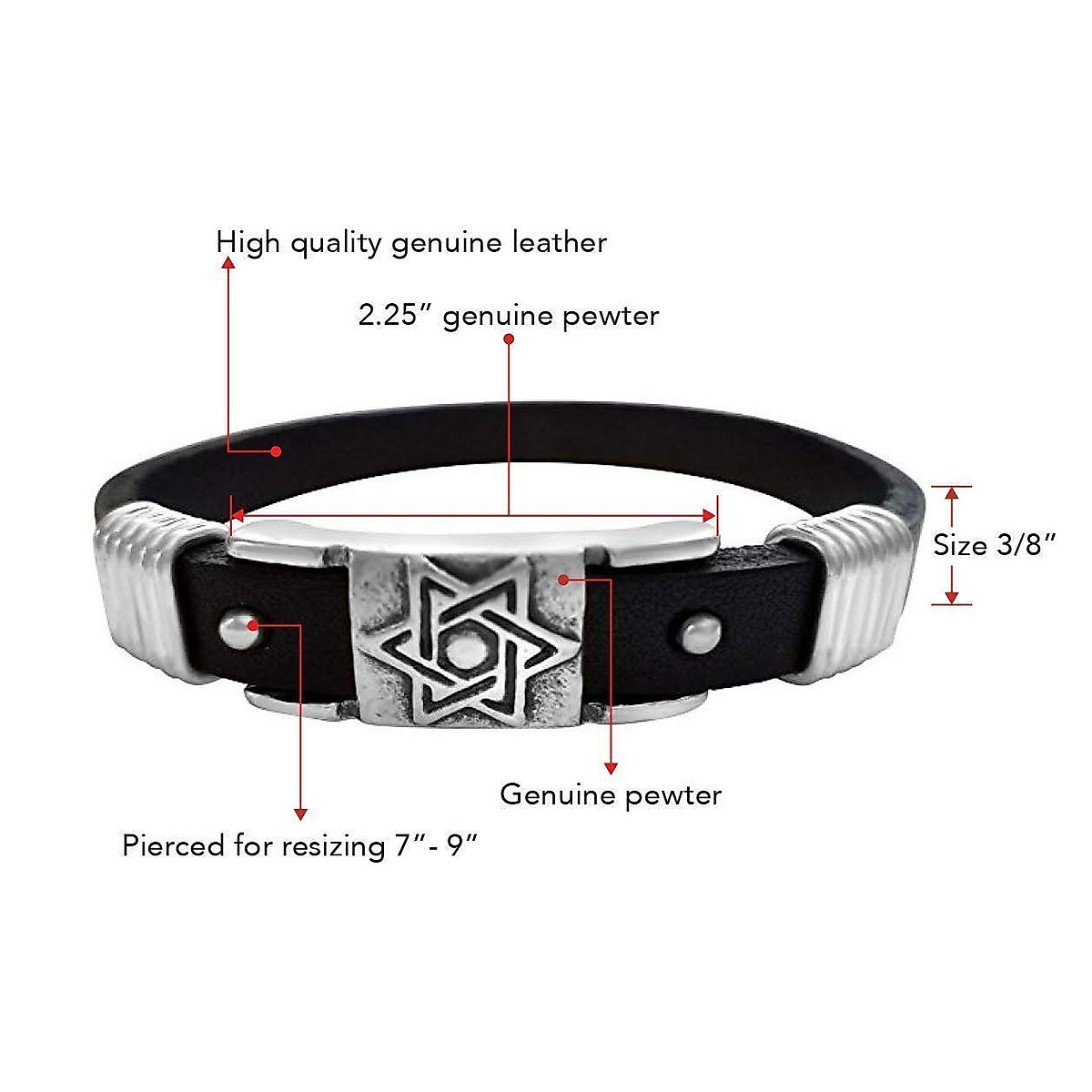 Jewish Star of David Black Men's Leather Bracelet Bar Mitzvah Gift