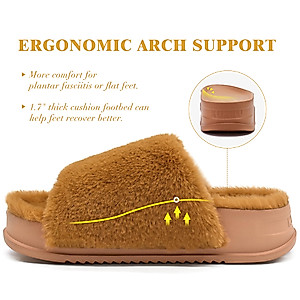 KuaiLu Womens Fuzzy Platform Open Toe Slippers with Arch Support Fluffy Furry Slides Orthotic Faux Fur Sandals house Indoor Outdoor Camel Size 9