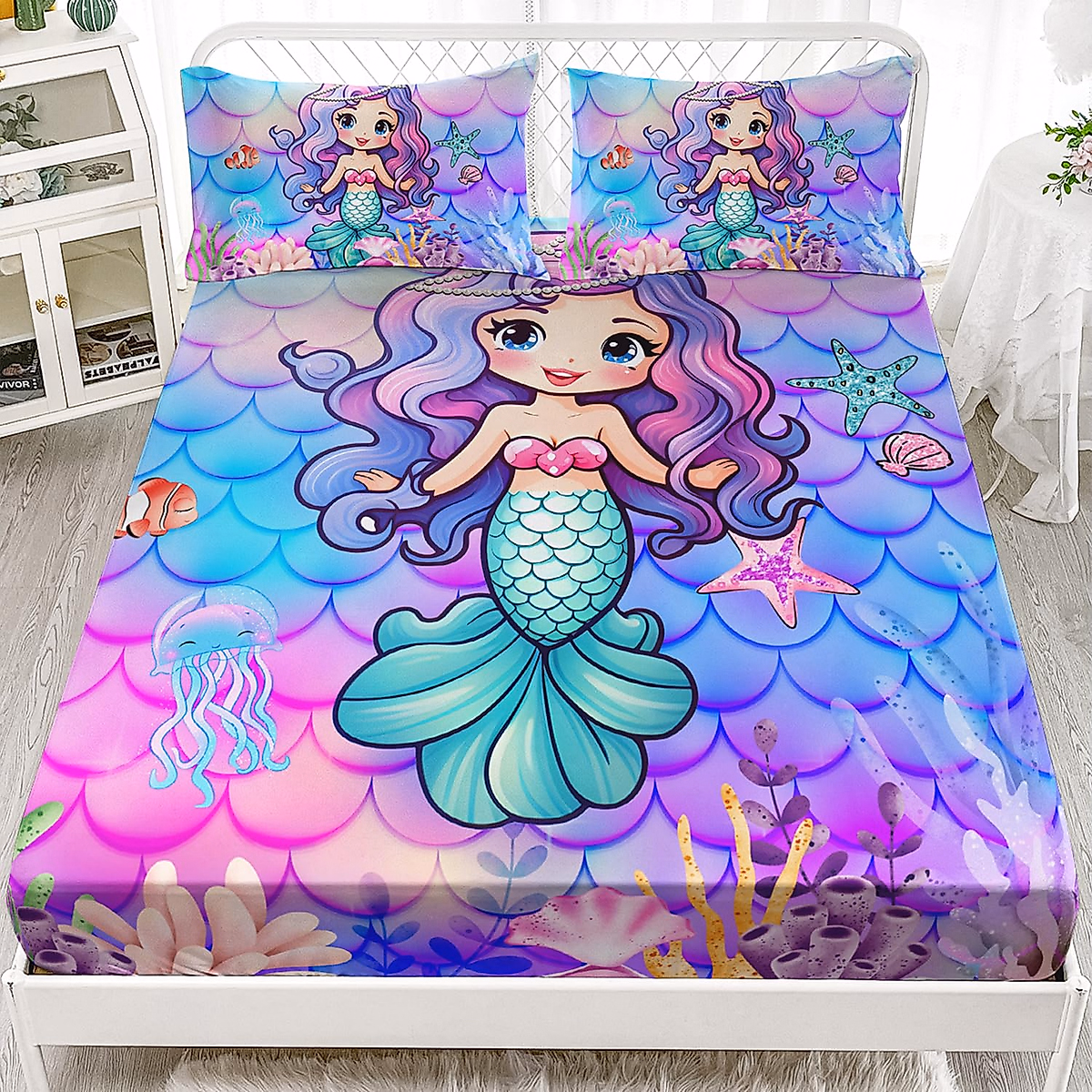 AILONEN Mermaid Fitted Sheet for Kids Girls Twin Size, Mermaid Princess Bedding Set,Ocean Theme Bed Sheet Set,Purple Blue Watercolor Fish Scale BedSheets Set,1 Fitted Sheet 2 Pillowcases,3 PCS