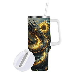 Slewiaeky Tumbler with Handle 40 oz Multicolor Dragon Wild Travel Mug with Lid and Straw Sunflower Stainless Steel Vacuum Insulated Water Bottle Cup for Iced Tea Coffee Cold Beverages Cup Holder Frie