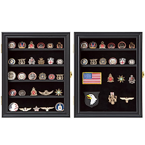 Verani Medals Display Case - Military Challenge Coin Display Shadow Box - Pin Display Cabinet with Removable Shelves and Pinnable Background for Badges Ribbons Insignia Buttons Small Black
