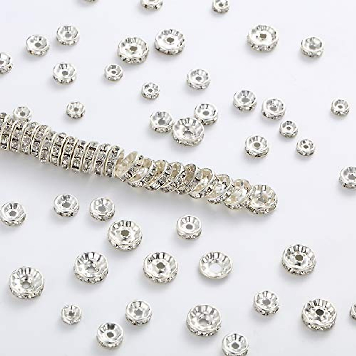 800 Pieces Round Rondelle Spacer Beads Crystal Rhinestone Loose Bead Rondelle Charm Beads 6 mm 8 mm 10 mm for Necklaces Bracelets Jewelry Making (Silver)