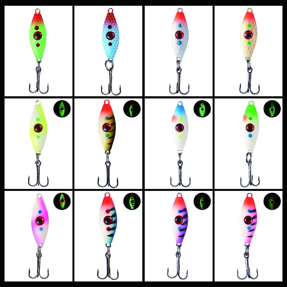 BASSDASH Ice Fishing Lure Kit Glowing Paint Jigs for Winter Ice Jigging Crappie Sunfish Perch Walleye Pike with Tackle Box (BI06-12pcs Assorted Perch/Walleye/Pike jigs)