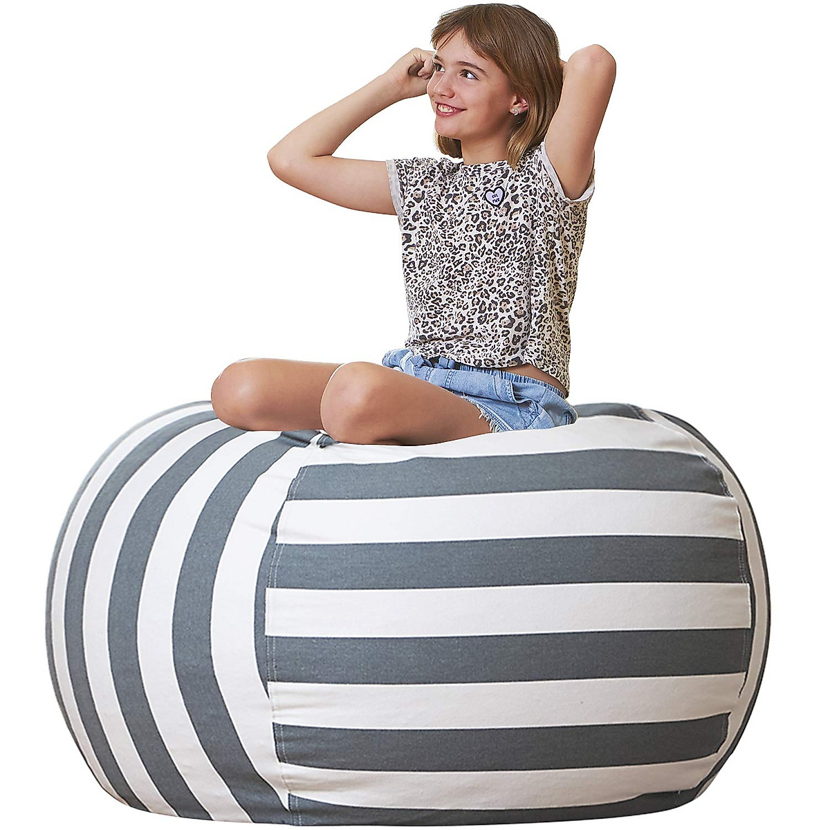 Aubliss Stuffed Animal Storage Bean Bag Chair Cover Only for Plush Toys, Blankets, X-Large 48"-Canvas Stripes Grey