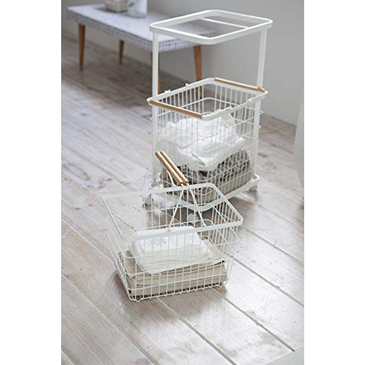 Yamazaki Home Laundry Basket Wagon-Large Storage Hamper Organizer | Steel + Wood | Short | Rolling Carts, White